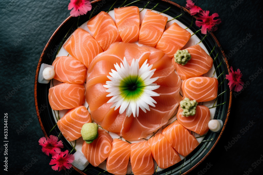 Salmon sashimi, a succulent Japanese delicacy arranged in a circular ...