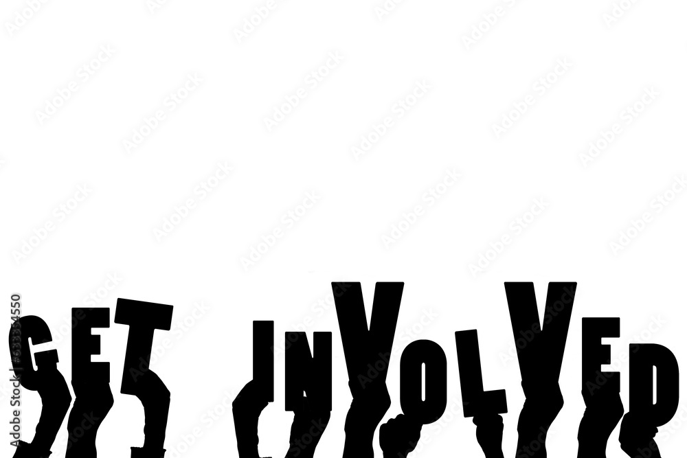 Digital png illustration of hands holding get involved text on ...