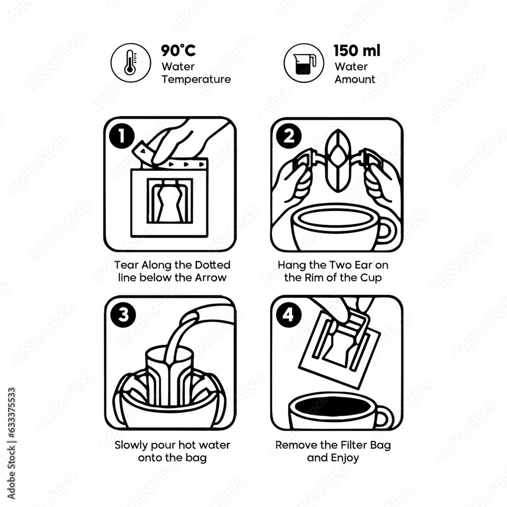 Drip Coffee bag Instructions guide how to brew pour over coffee Stock ...