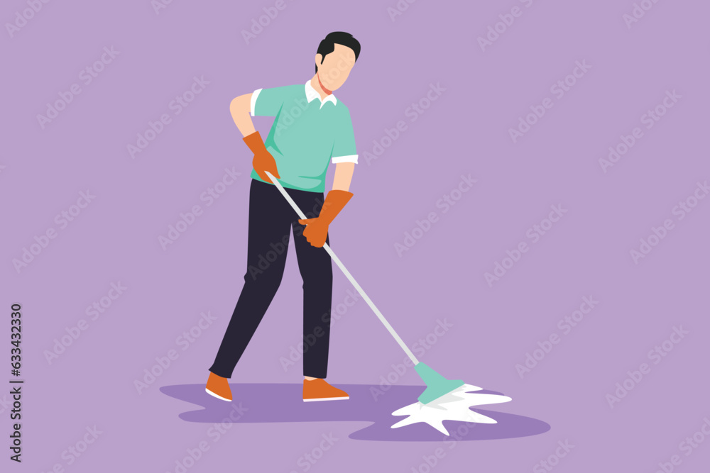 Graphic flat design drawing active man mopping floor in uniform ...