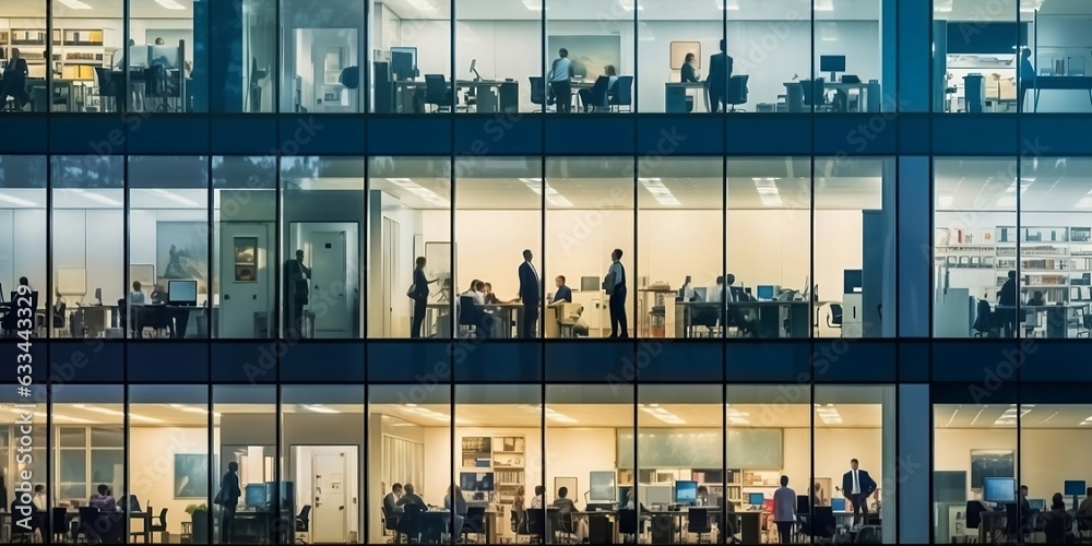 Outside view of office building many window with business people ...