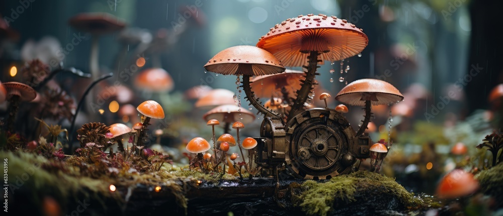 Steampunk mushrooms, bizarre metal fungi in strange surreal forest ...