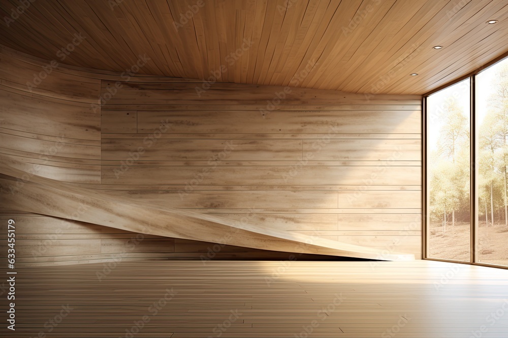 An empty room with wood panel walls serves as the architectural and ...
