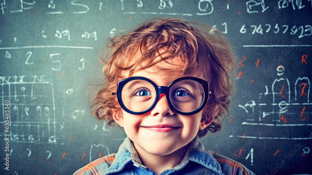 Curious smart boy in glasses against classroom whiteboard with math ...