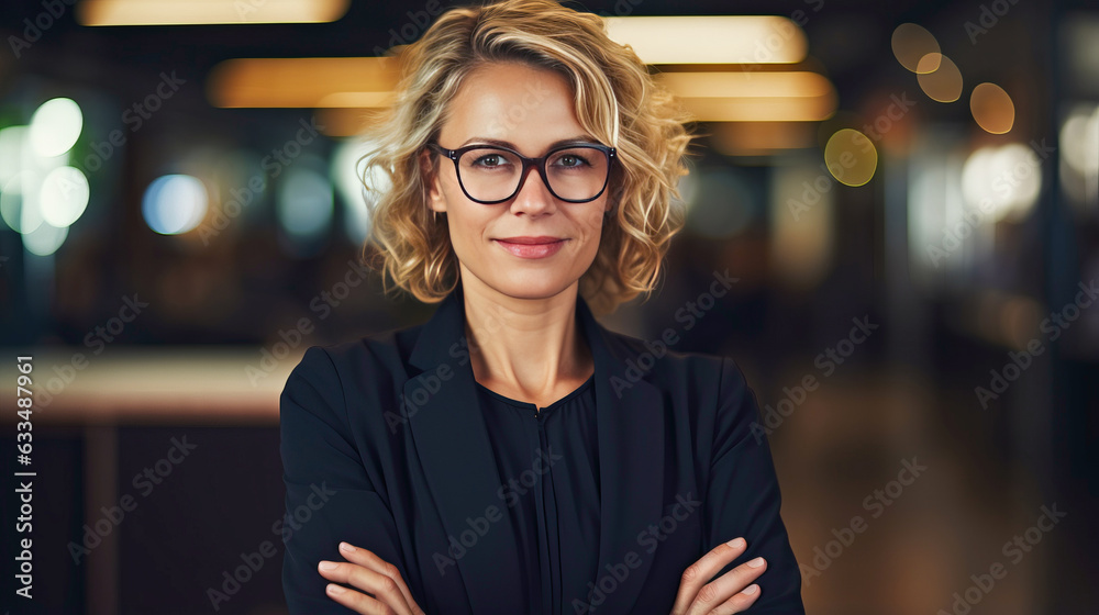 Beautiful middle aged business woman ceo standing in office arms ...