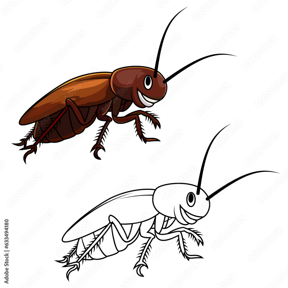 Cartoon Cockroach vector illustration, colored and black and white line ...