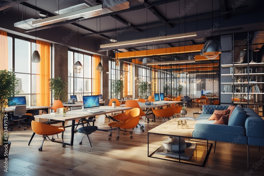 Coworking space office and sharing desk in corporate workspace. Stock ...