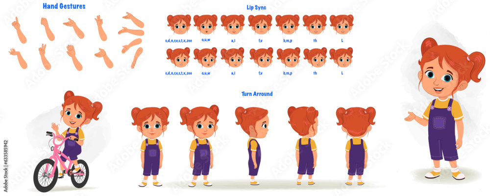 Set of cute girl character design. Character Model sheet. Front, side ...