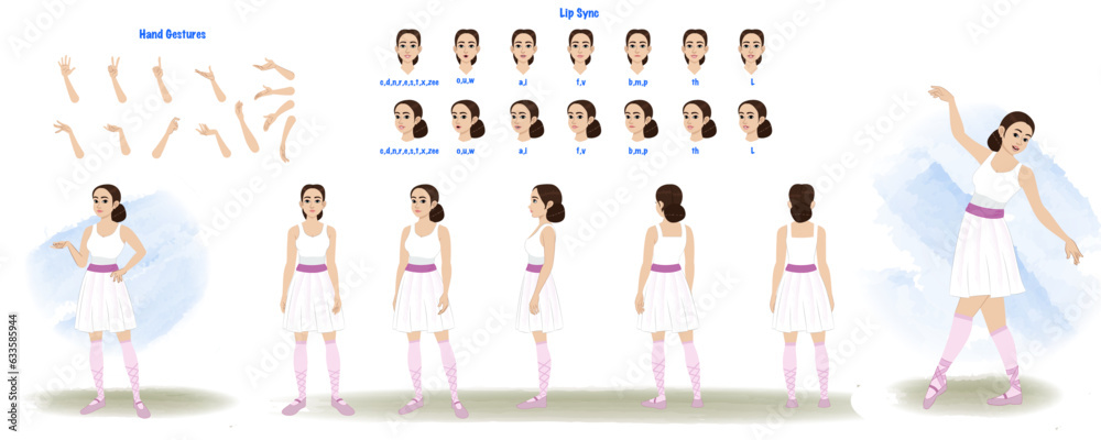 Set of female trainer design. Character Model sheet. Front, side, back ...