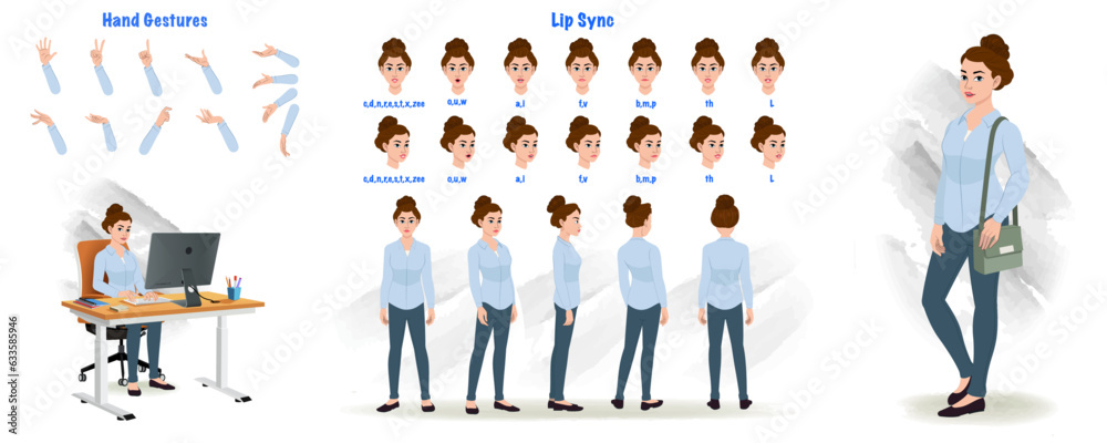 Set of Business woman character design. Character Model sheet. Front, side, back view animated ...