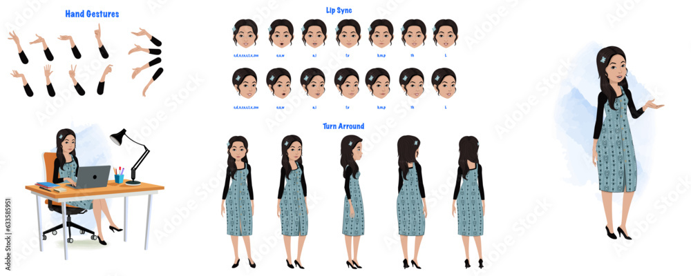 Set of Business woman character design. Character Model sheet. Front, side, back view animated ...