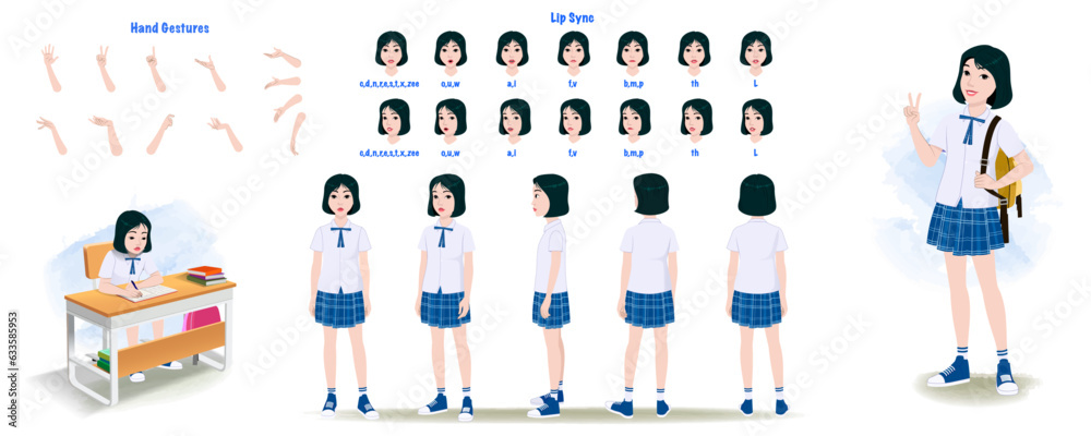 Set of teenager student design. Character Model sheet. Front, side, back view animated character ...