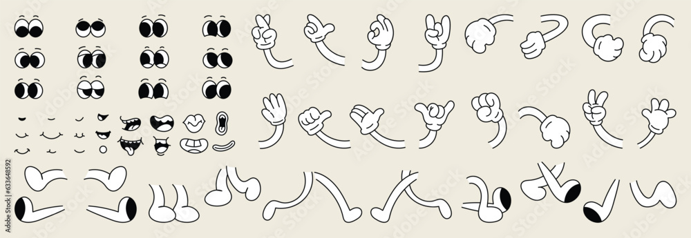 Set of 70s groovy comic faces vector. Collection of cartoon character ...