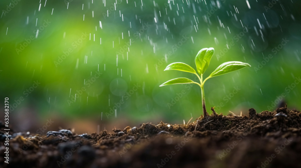 Green sapling growing on the ground in the rain with nature bokeh ...