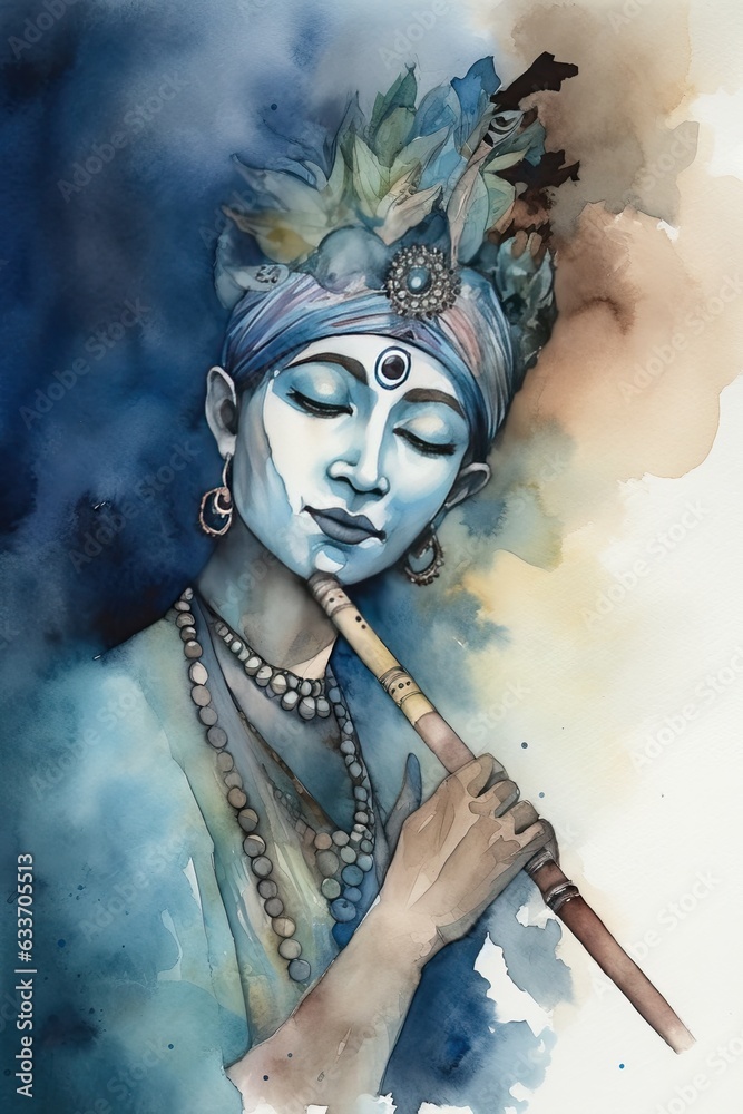 Krishna playing bansuri flute watercolor illustration. Dahi handi ...