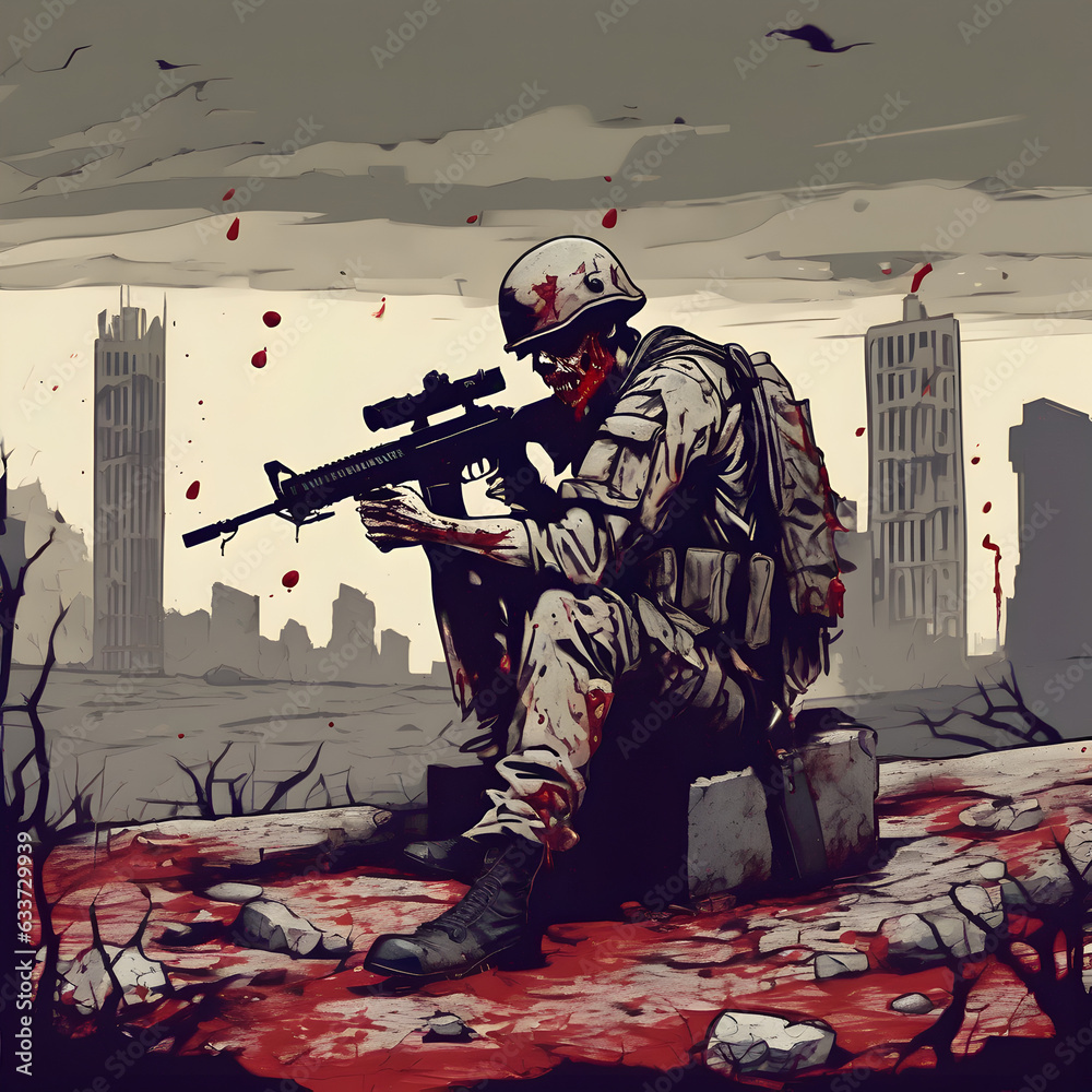 Sad dead zombie soldier in post-apocalyptic ruined city stylized anti ...