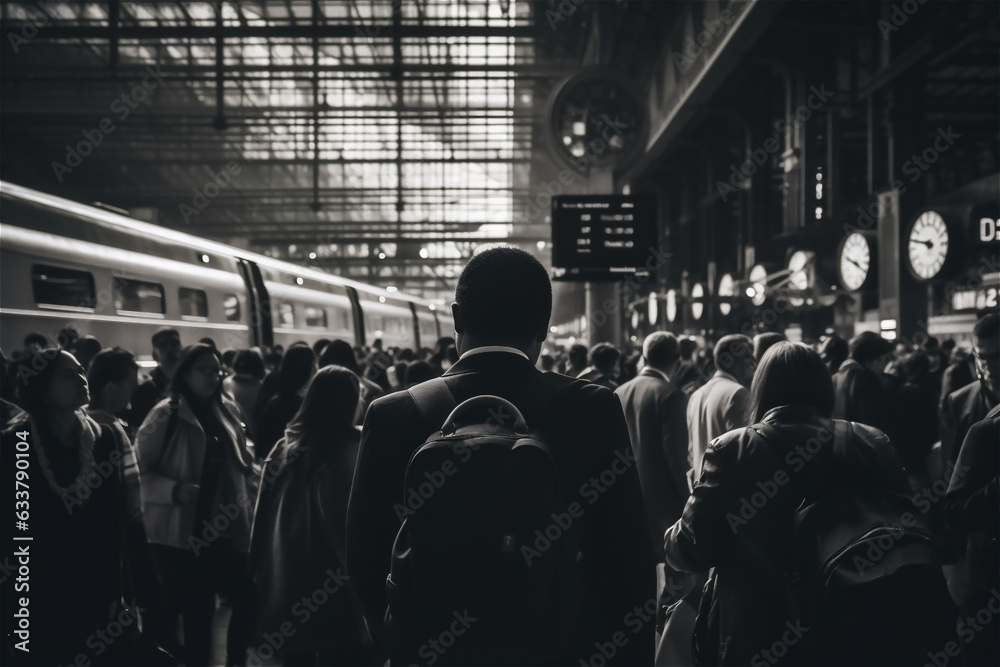 Commuting railway passengers walk through busy corridor in metro system ...