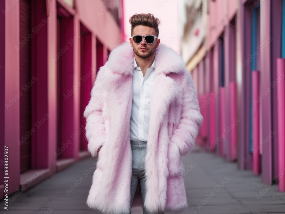 Fullbody portrait of a fictional white man in pink fur coat standing ...
