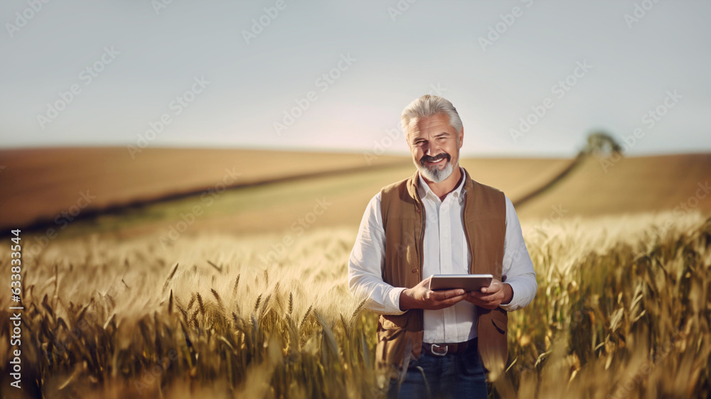 Modern elderly farmer smiling in a ripe wheat field, using a digital ...
