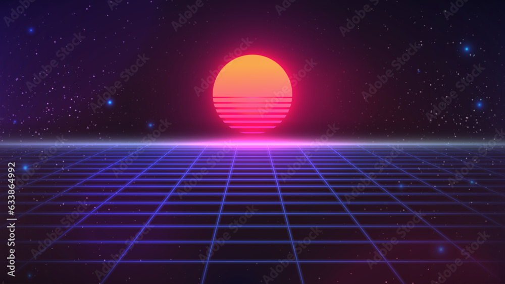 Synthwave sunset backround. Retro future 80s backdrop. Perspective grid ...