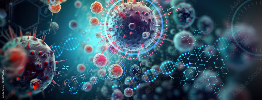 medical pharmaceutical research background with blood cells and virus ...