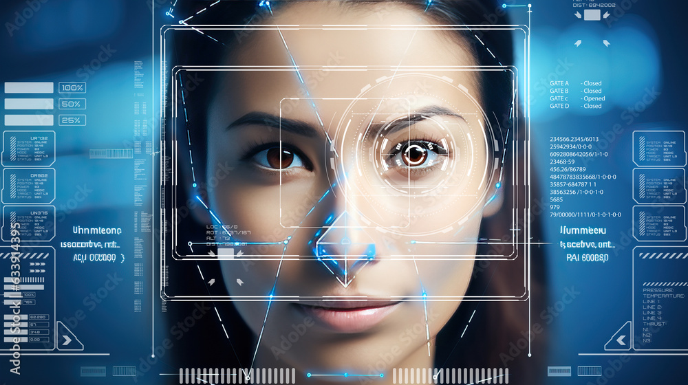 human face scrutinized with biometric analysis with a facial recognition program, generative ai ...