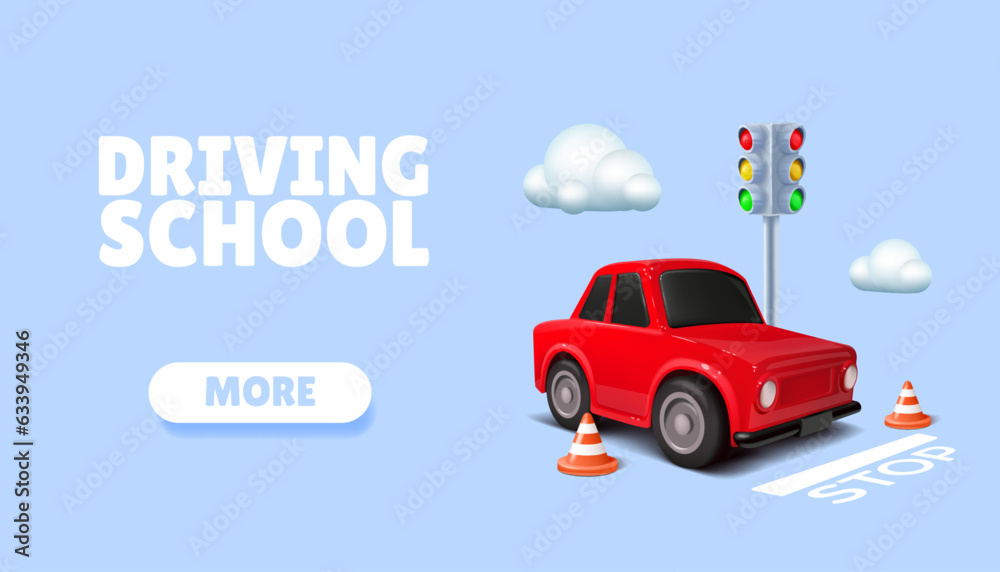 3D car traffic. Driving school web banner. Auto parking. Vehicle sign ...