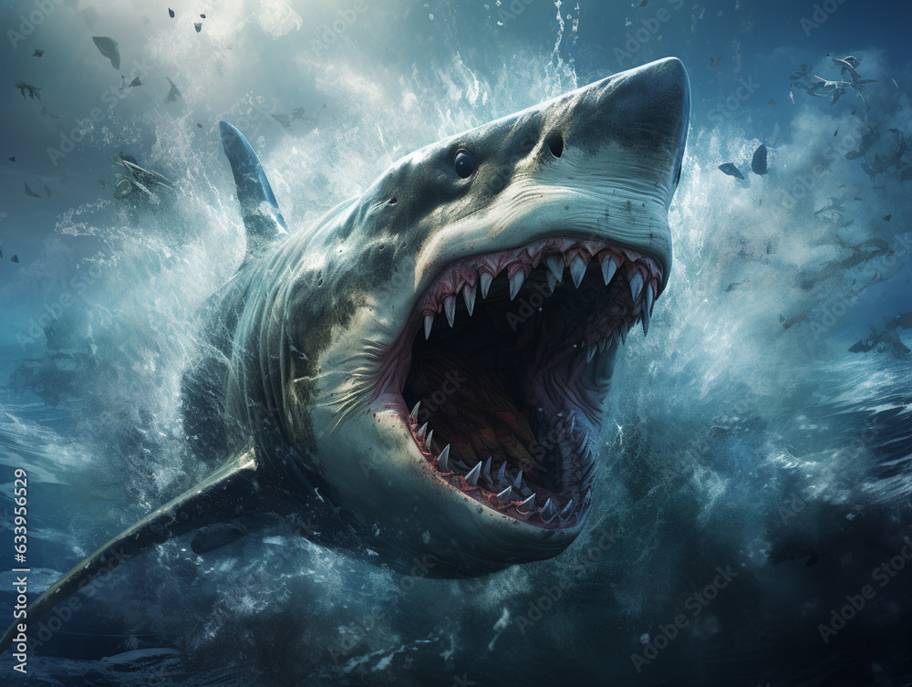 The megalodon shark attacking midle sea. horror great white shark ...