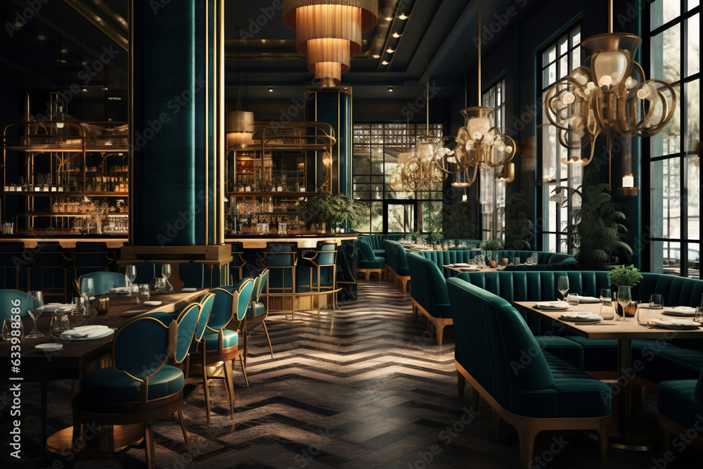 Design an opulent, art deco-inspired restaurant, showcasing brass ...