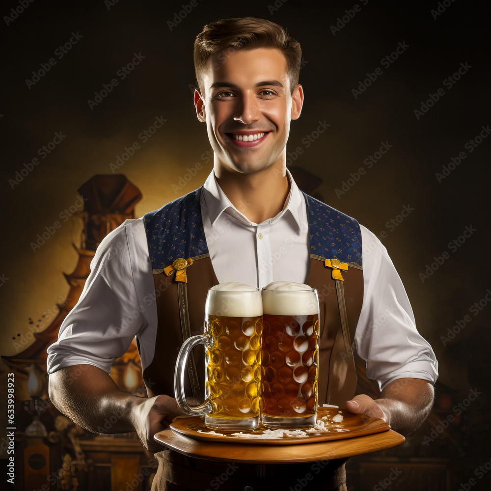 Waiter wearing lederhosen, and serving golden beer with white foam ...