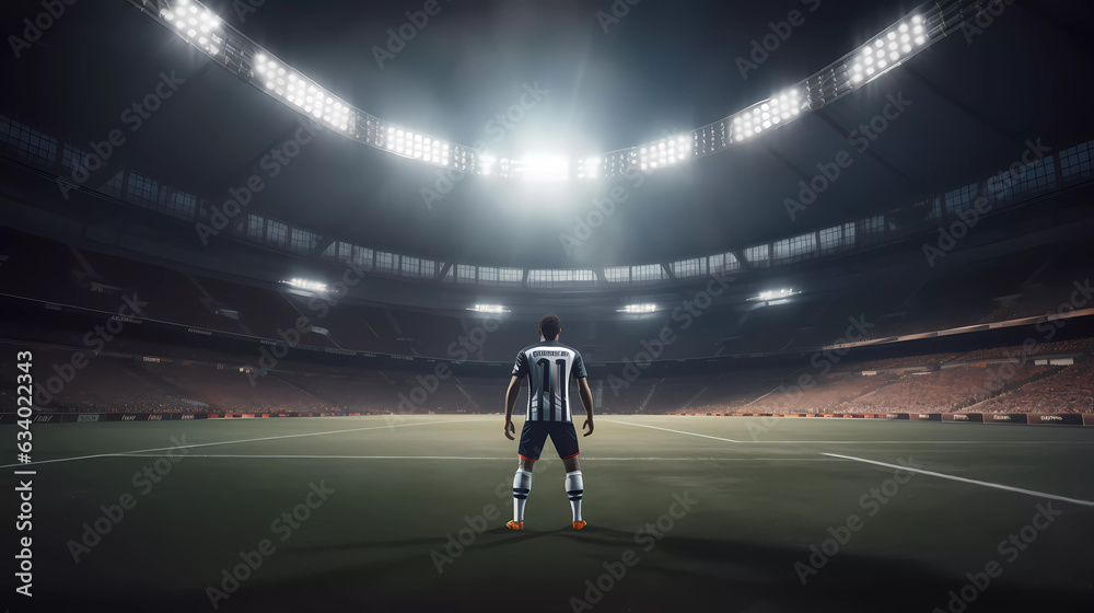 Football player stand behind ball looking for goal with showing number ...