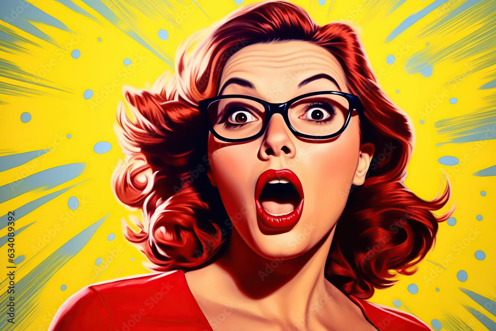 Pin up, pop art retro surprised, astonished, shocked, funky open ...