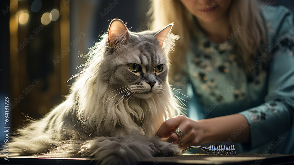 Cat's Elegance: A groomer carefully brushing a regal-looking cat ...