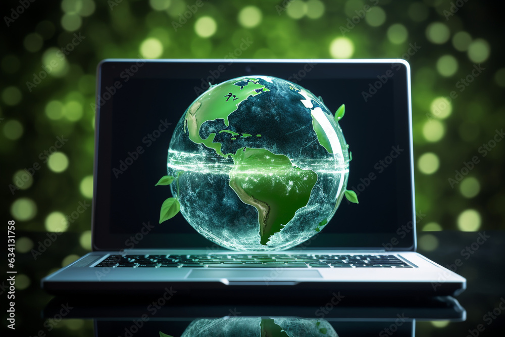 Technology with nature concept.Laptop keyboard with Green Globe on it. Carbon efficient ...