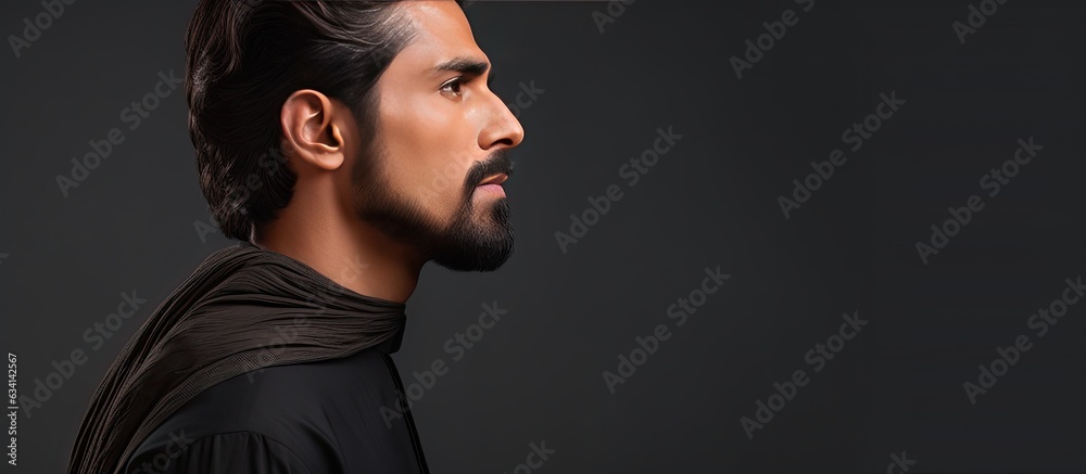Profile portrait of a young man in traditional Pakistani attire with ...
