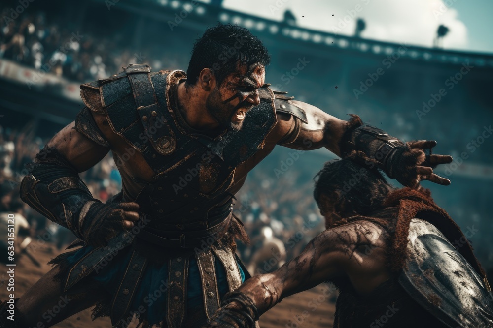 A ferocious gladiator wearing armored Roman gladiator at the Ancient ...