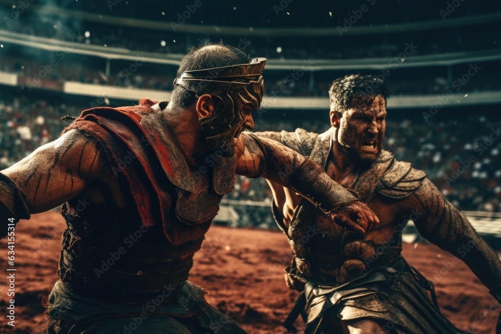 A ferocious gladiator wearing armored Roman gladiator at the Ancient ...