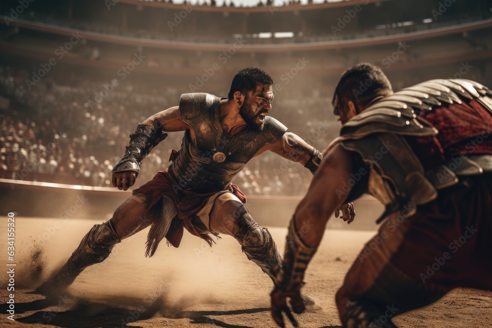 A ferocious gladiator wearing armored Roman gladiator at the Ancient Rome gladiatorial games in ...