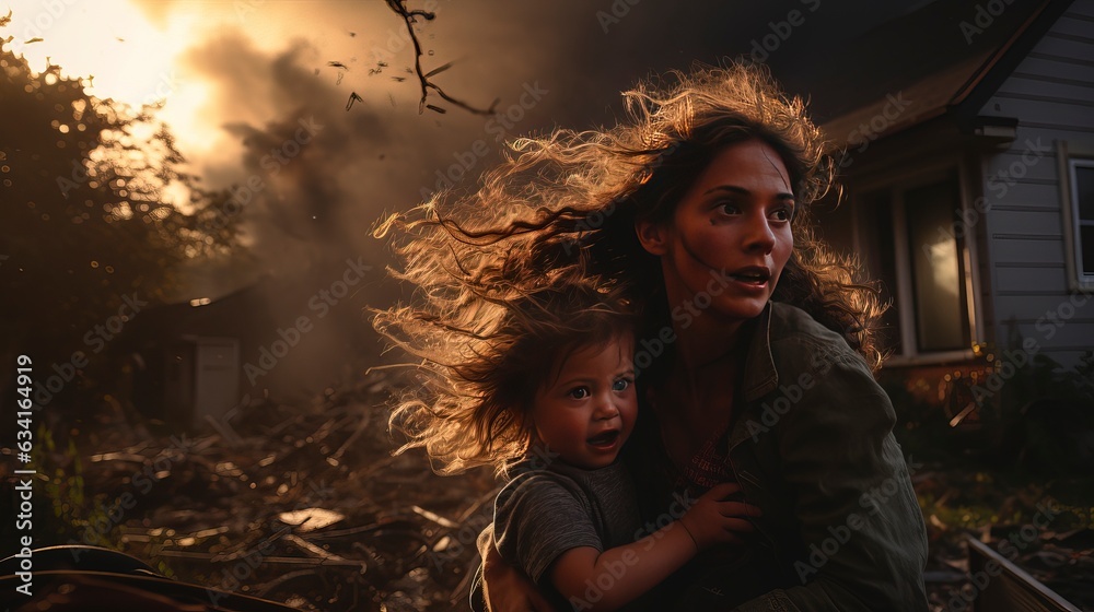 People fleeing from the oncoming tornado, capturing the tense scene of ...