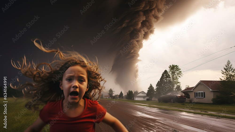 People fleeing from the oncoming tornado, capturing the tense scene of ...