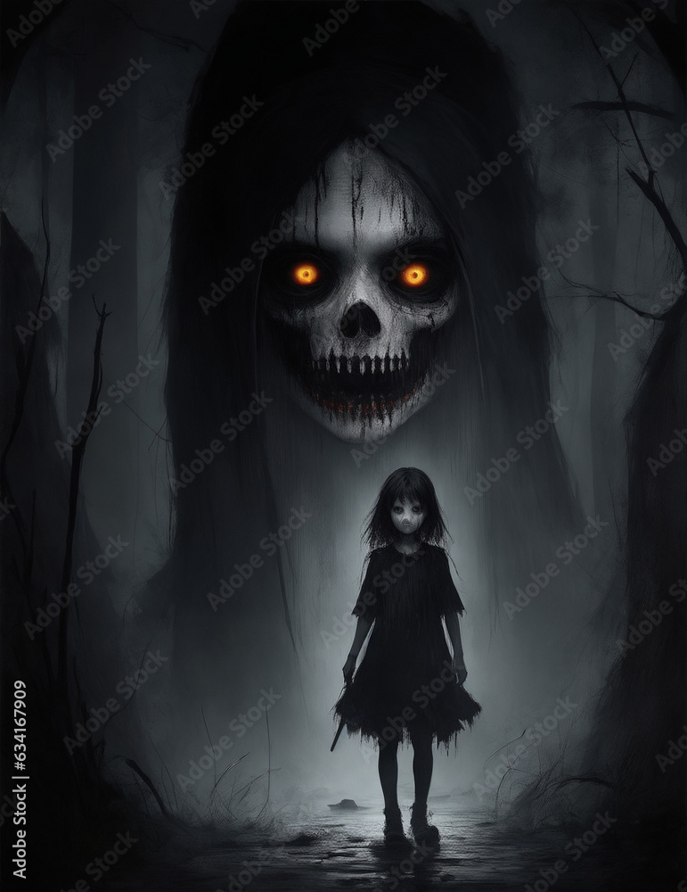 Evil dark little girl with a white pale face and an evil spirit with ...