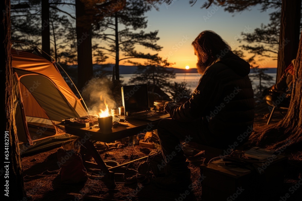 Sunset's Arrival: An Individual Creates a Campsite as the Sun Descends ...