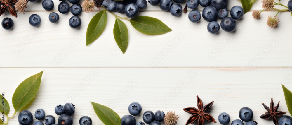 Blueberries and Anise stars on rustic wooden backdrop. Winter theme ...