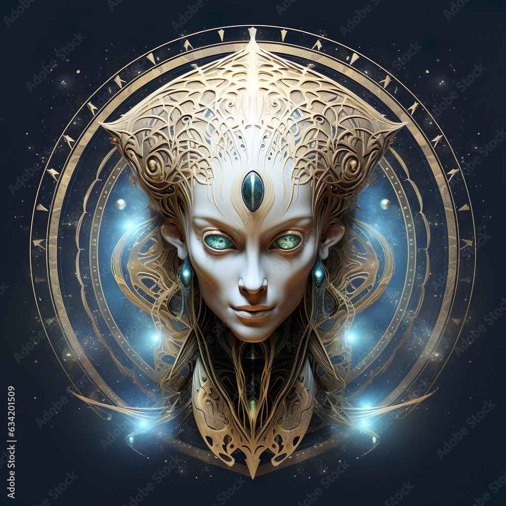 Representation in a logo format of a psychedelic alien extraterrestrial ...