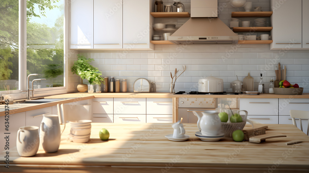 beautiful modern kitchen with cooking items, complete view super bright ...