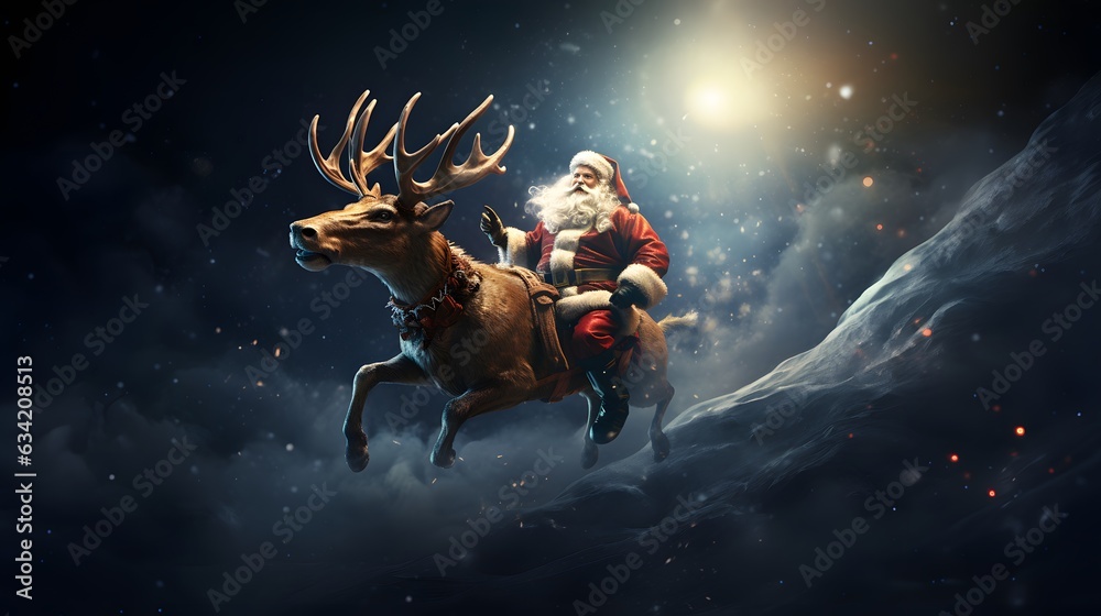 Abstract futuristic Christmas night. Santa riding a reindeer in space ...