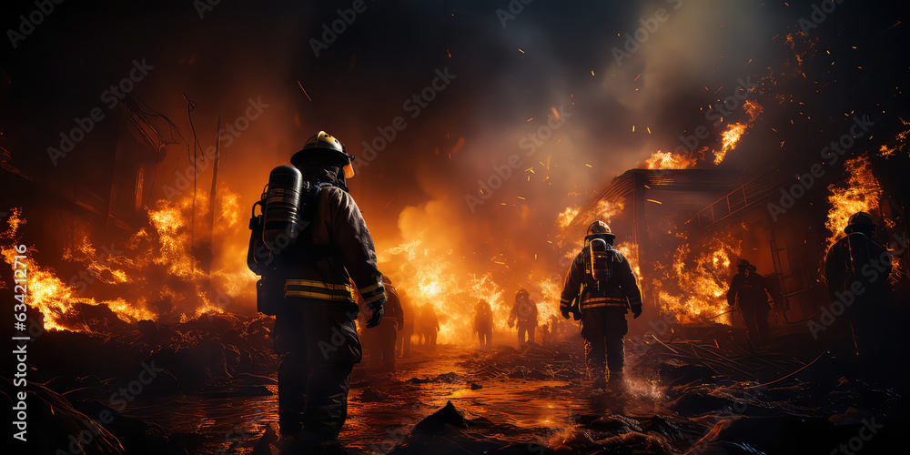 Panoramic firefighters using water fire extinguisher to fighting with ...