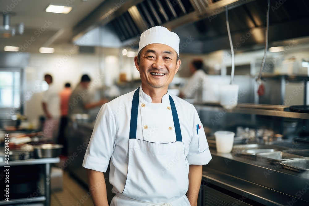 Foto de Stock Middle aged japanese chef working and preparing food in a ...