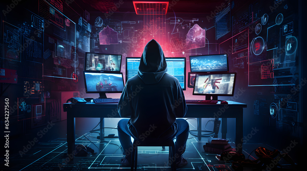 Visualize a mysterious figure, a smart and anonymous hacker, shrouded ...