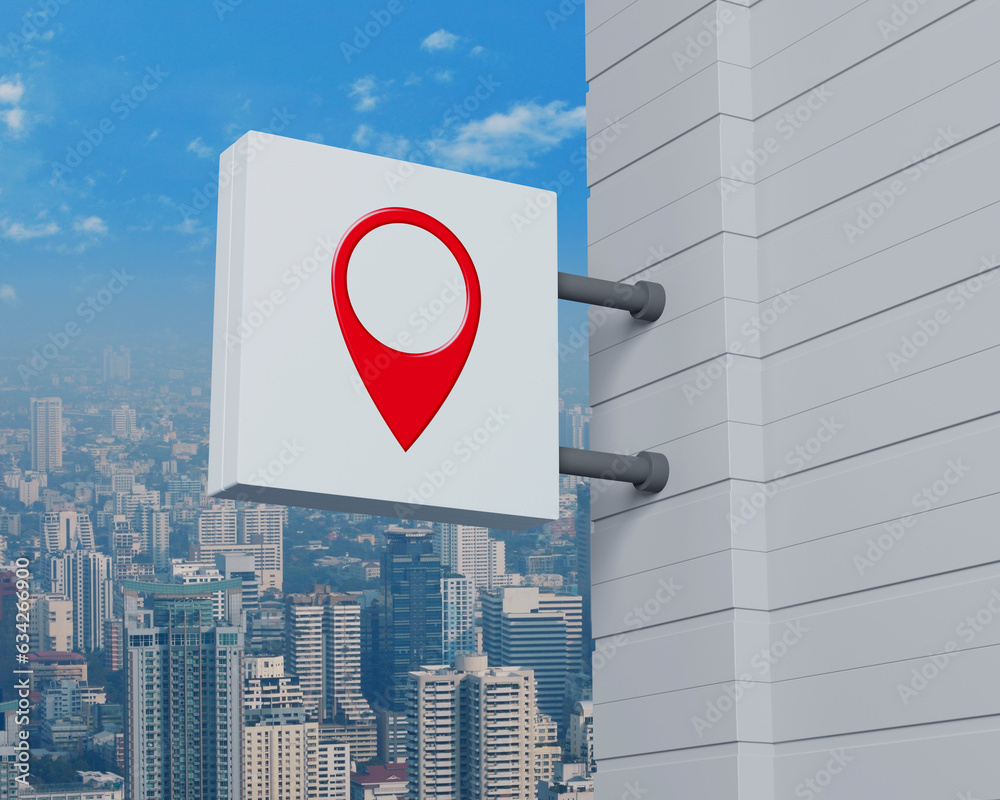 Map pin point location icon on hanging white square signboard over ...